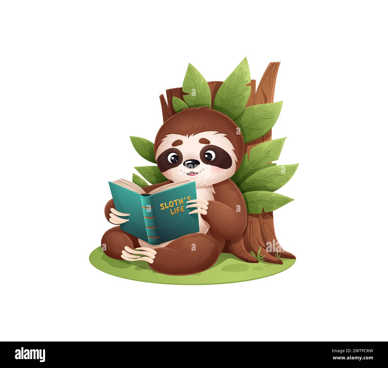 Cartoon cute sloth character reading book, vector funny jungle bear ...