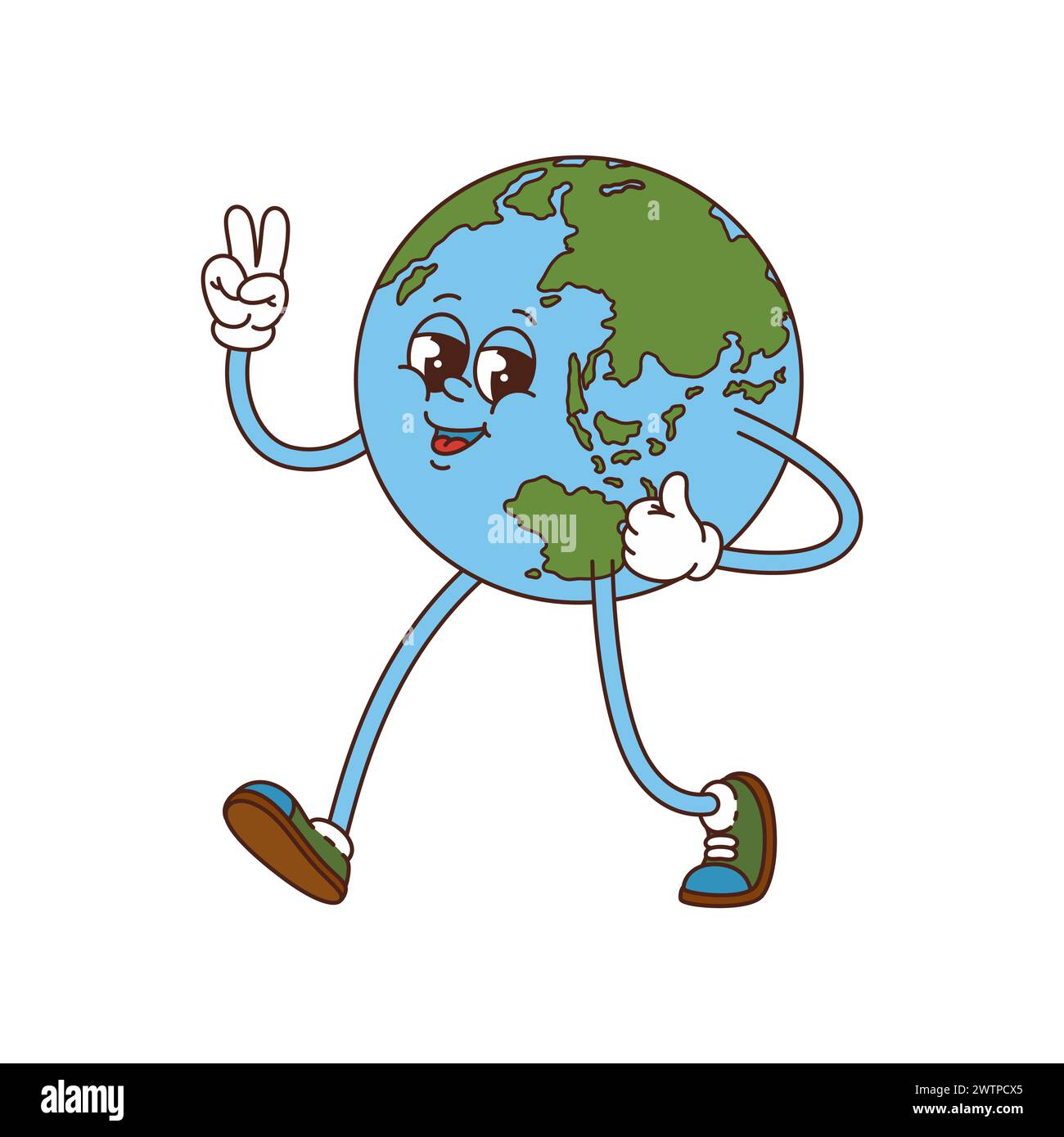 Groovy planet Earth funny cartoon character. Vintage happy solar system ...