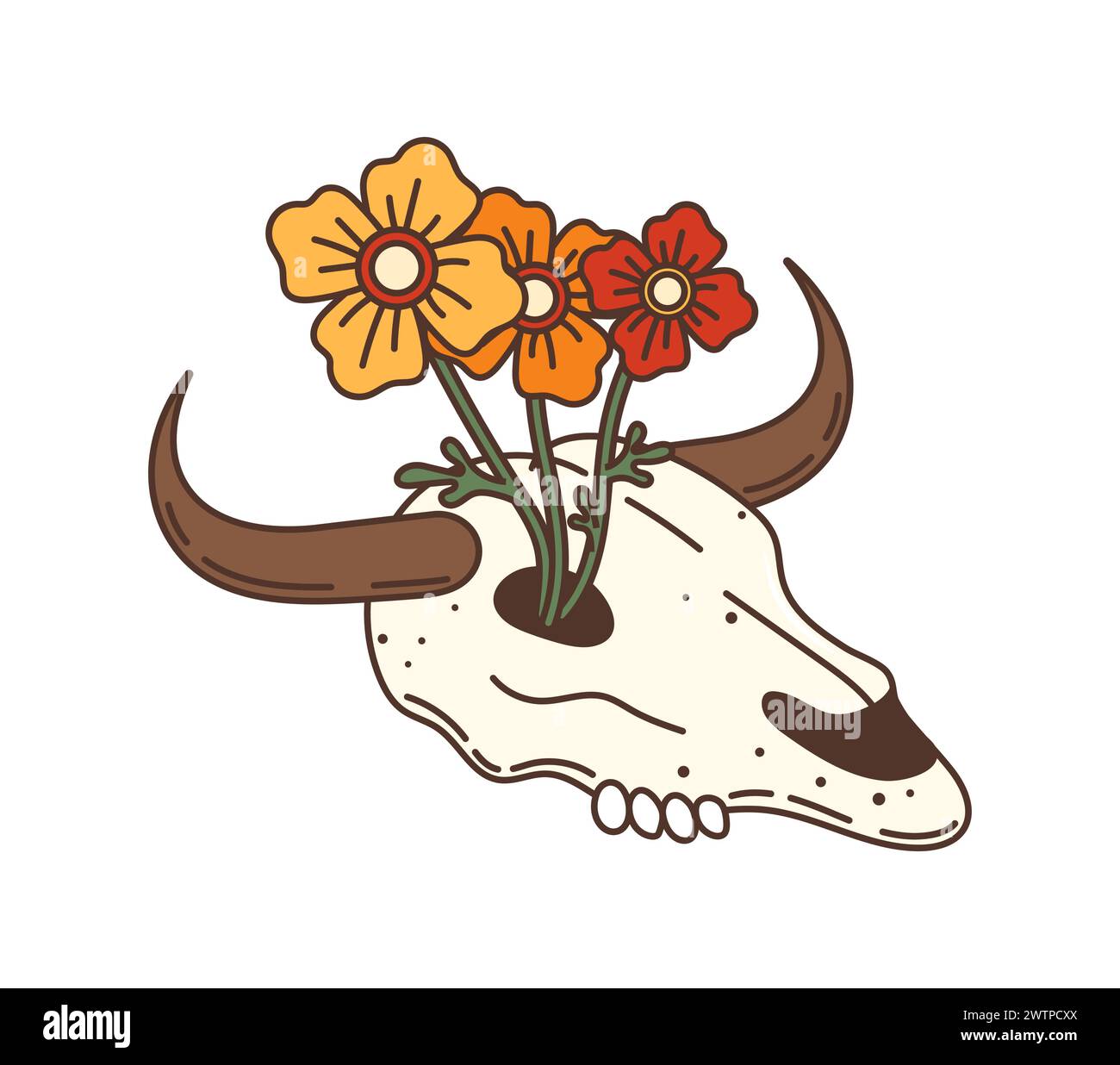 Wild west western cow skull groovy item. Isolated vector dead bull ...