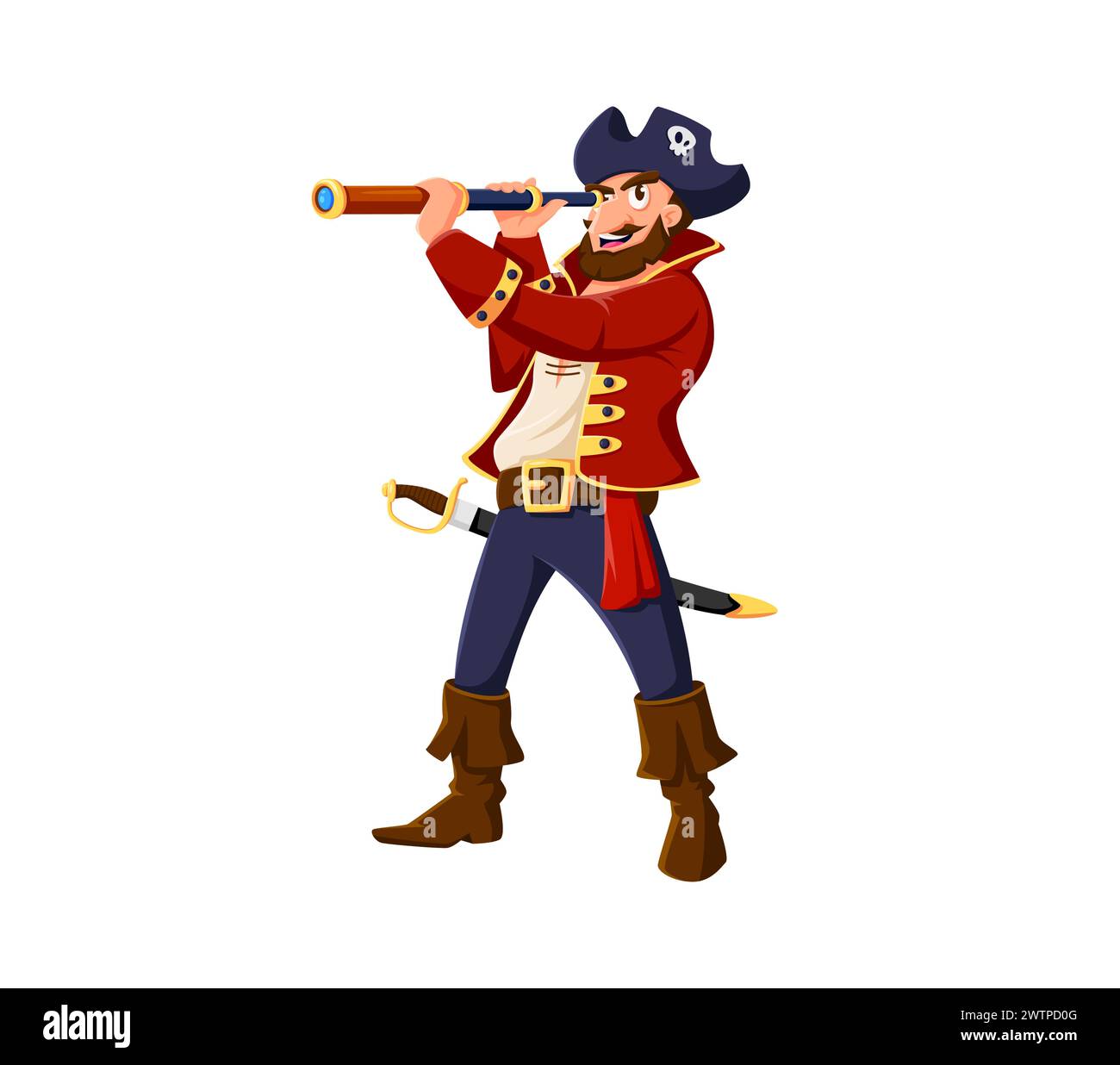 Cartoon pirate captain character with spyglass. Isolated vector sea ...