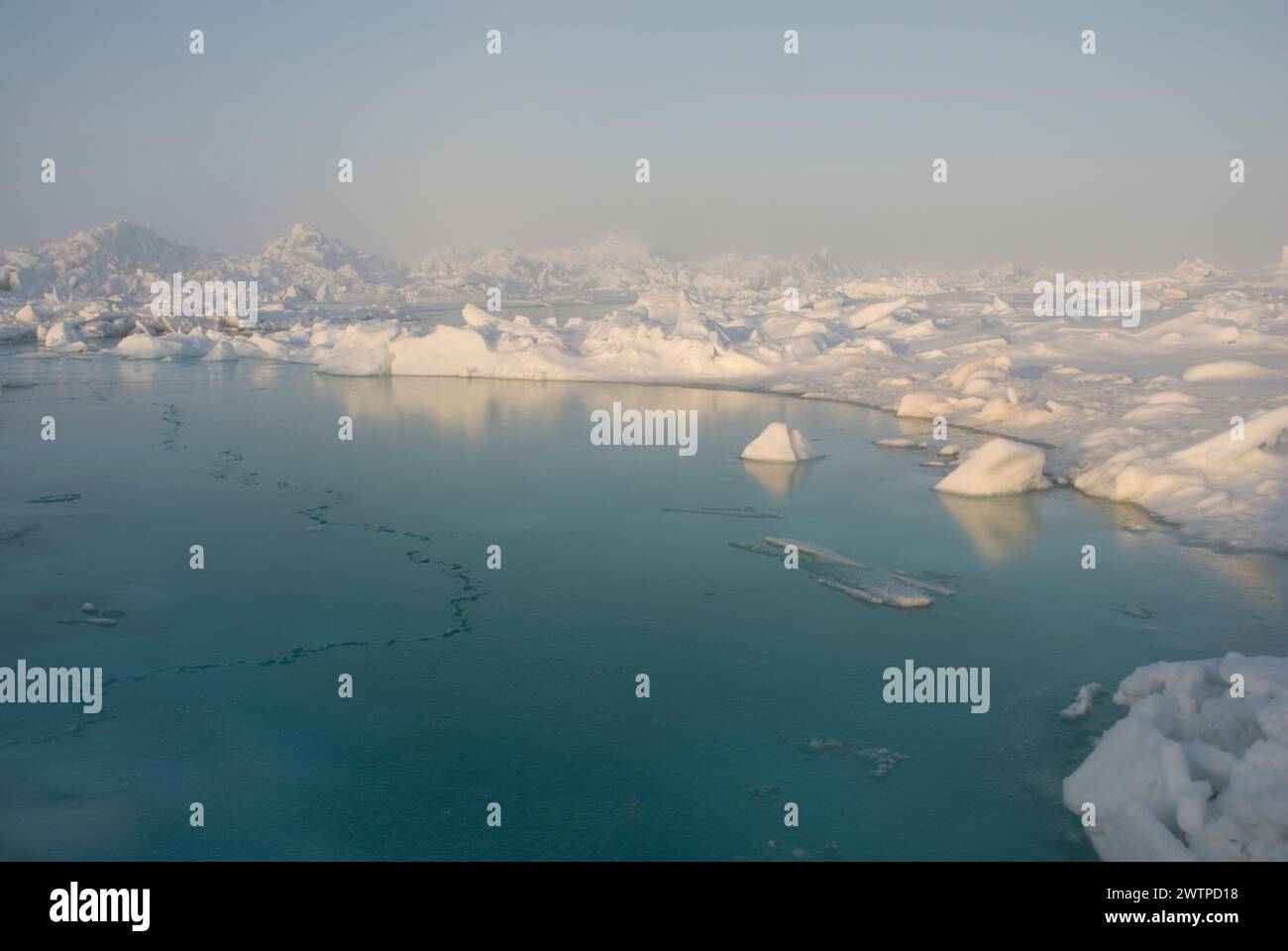 Seascape of rough pack ice over the Chukchi sea in springtime, off ...