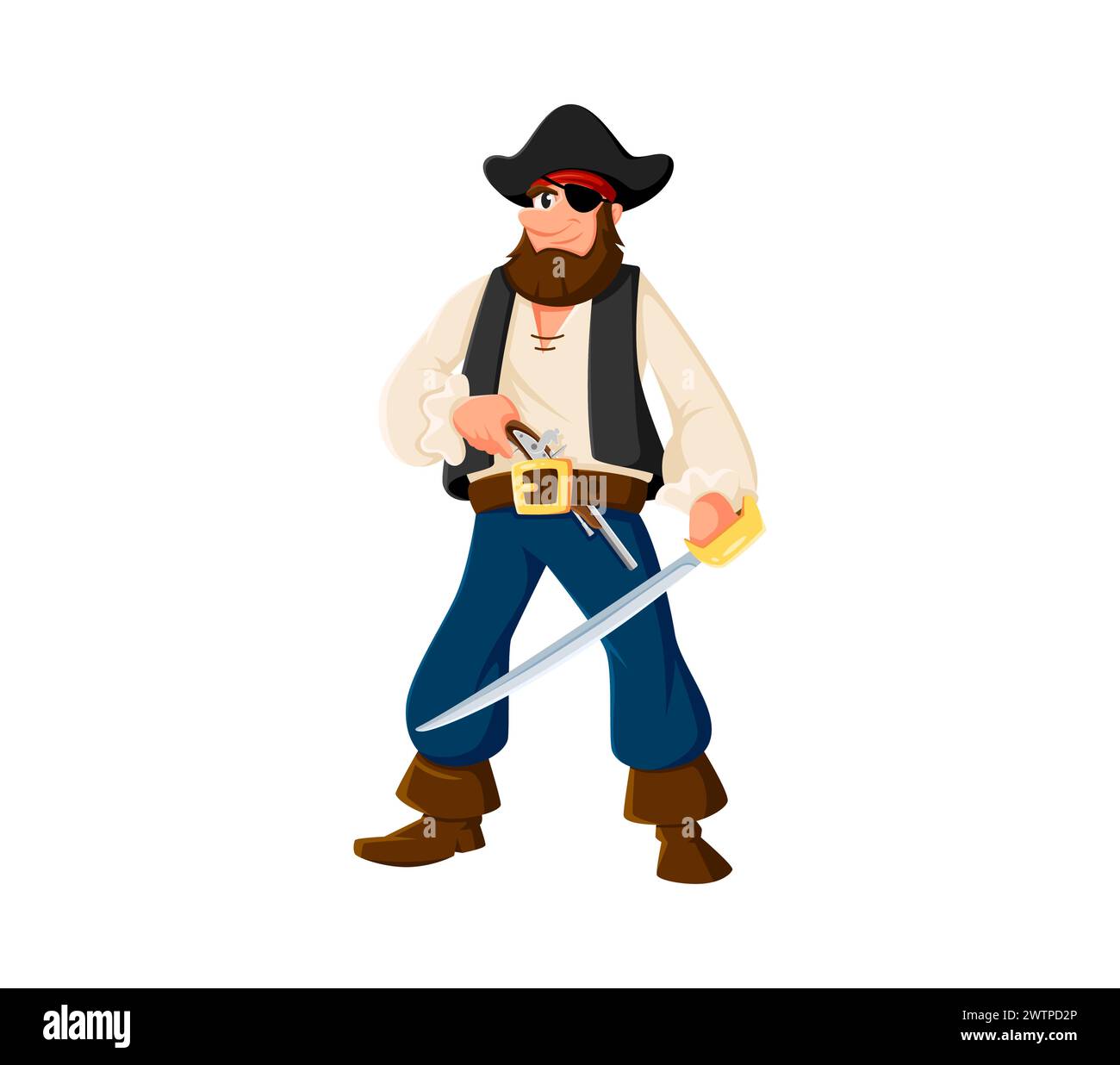 Cartoon pirate and corsair sailor character in tricorn hat. Isolated vector swashbuckling sea ...