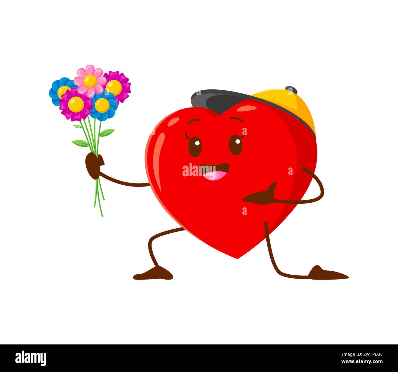 Cartoon love heart character with flowers. Isolated vector kneeling ...