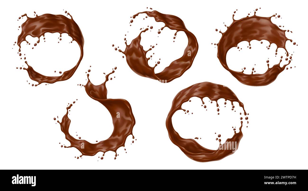 Realistic chocolate yogurt, cream or choco milk drink swirl with splash ...