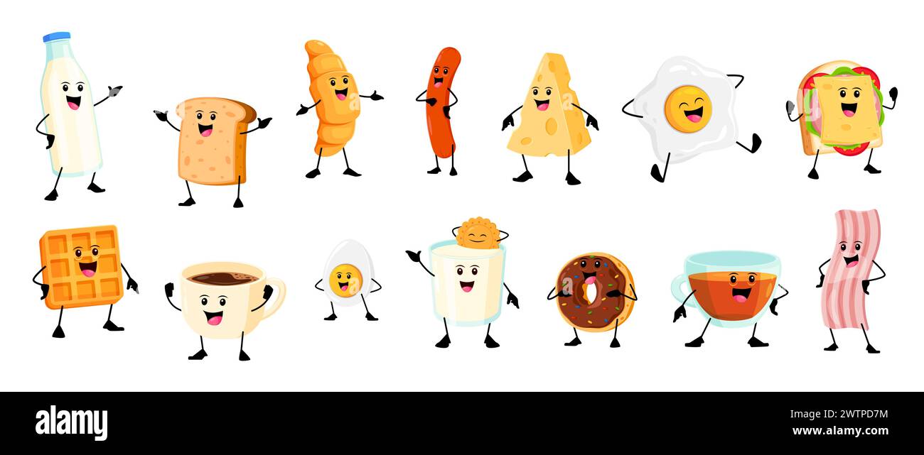 Cartoon cheerful breakfast characters. Vector set of milk bottle and ...
