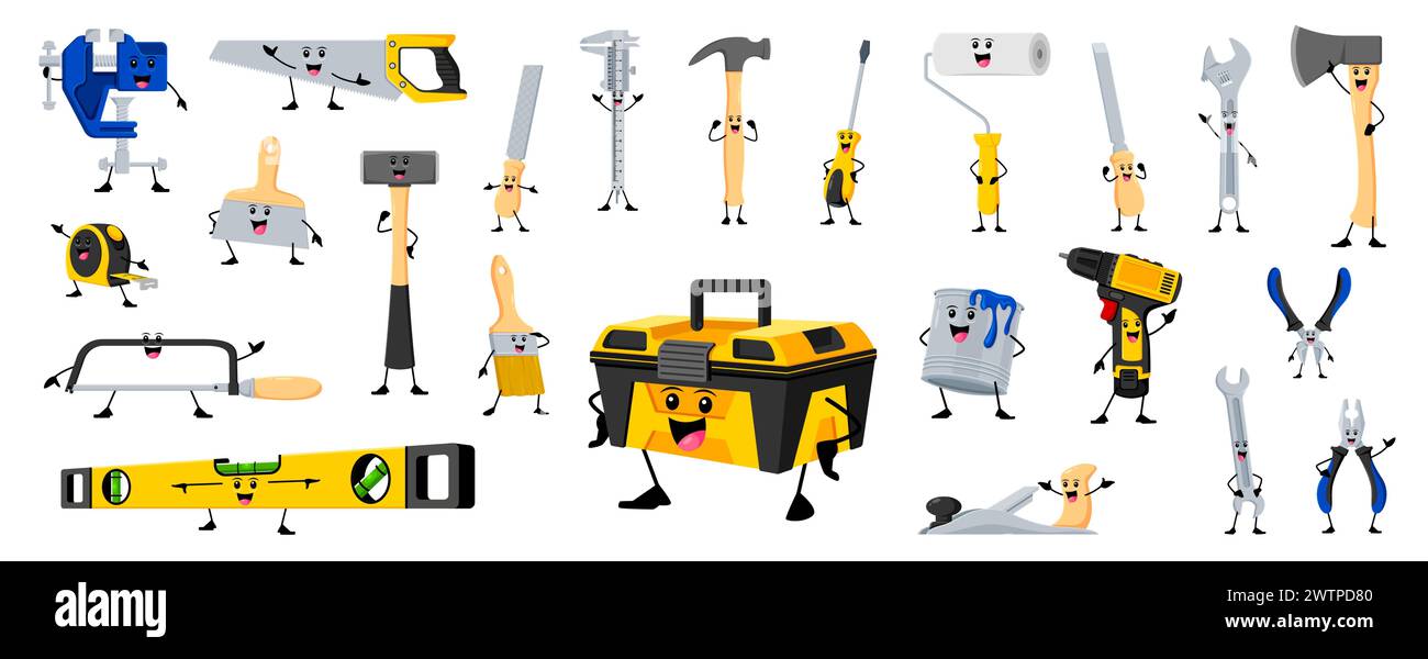 Cartoon funny diy, building and repair tool characters. Vector ...