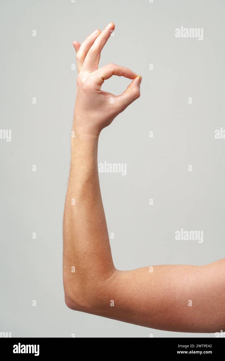 Male hand showing OK sign against gray background Stock Photo - Alamy