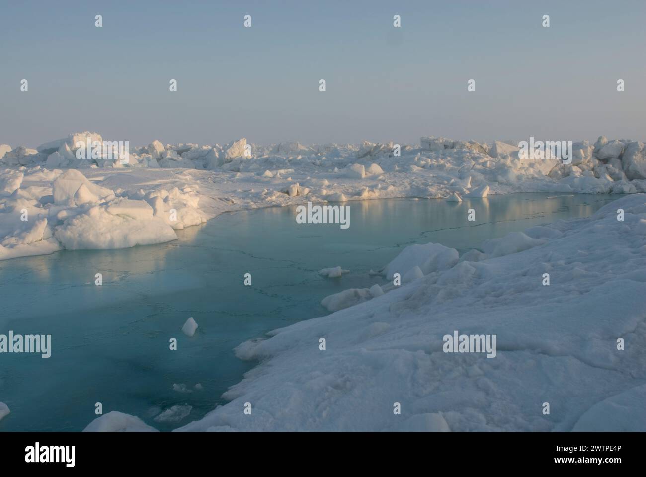 Seascape of rough pack ice over the Chukchi sea in springtime, off ...