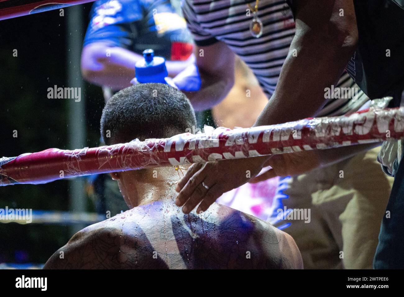 The trainer places his hand behind the back of his sweaty boxer Petch ...