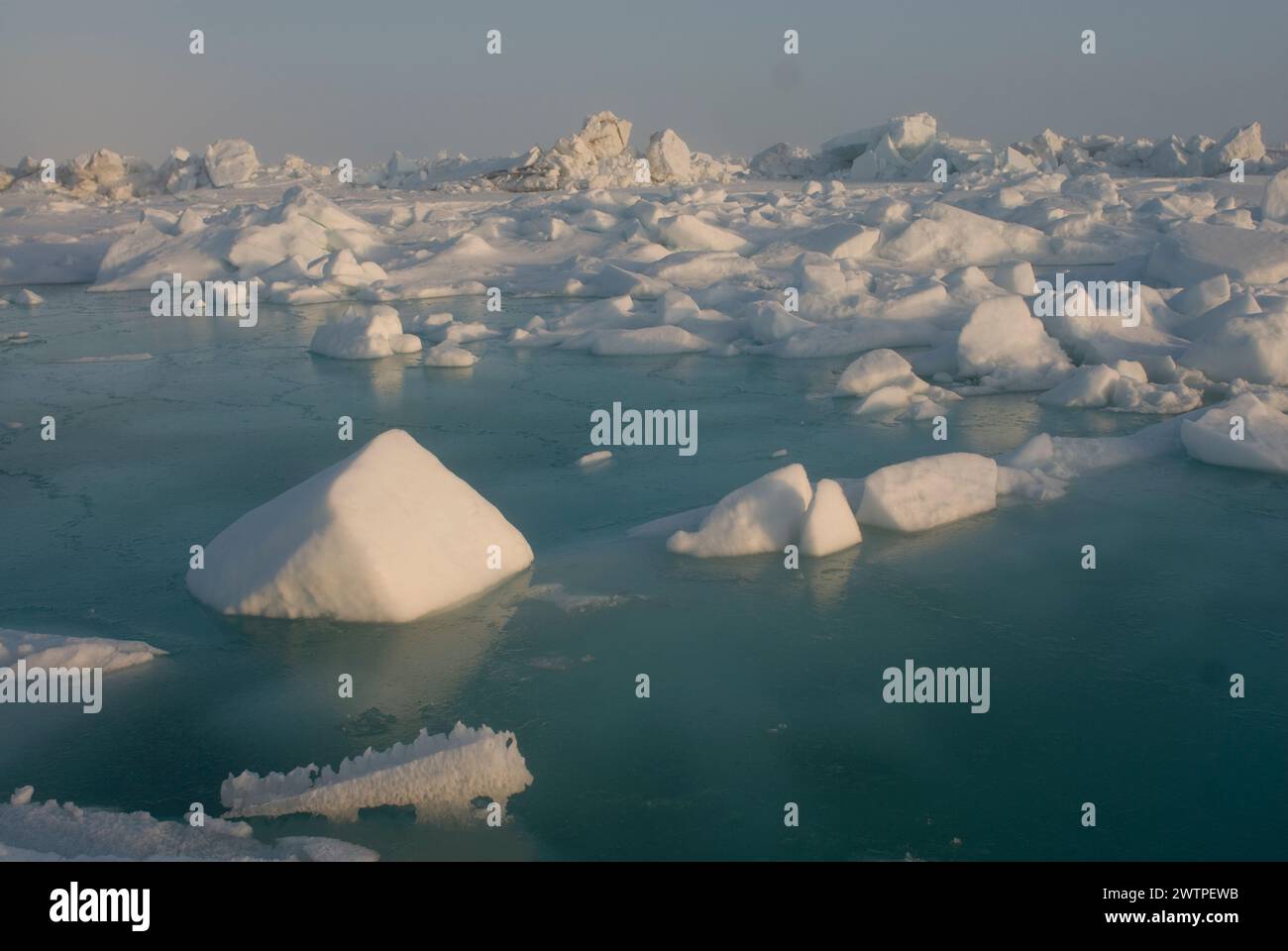 Seascape of rough pack ice over the Chukchi sea in springtime, off ...