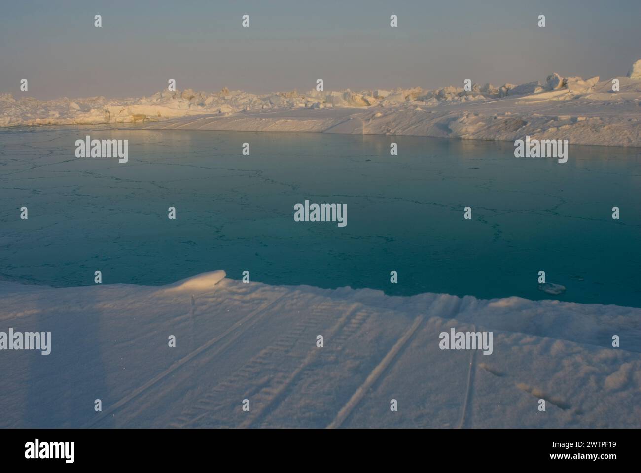 Seascape of rough trail pack ice over the Chukchi sea in springtime ...