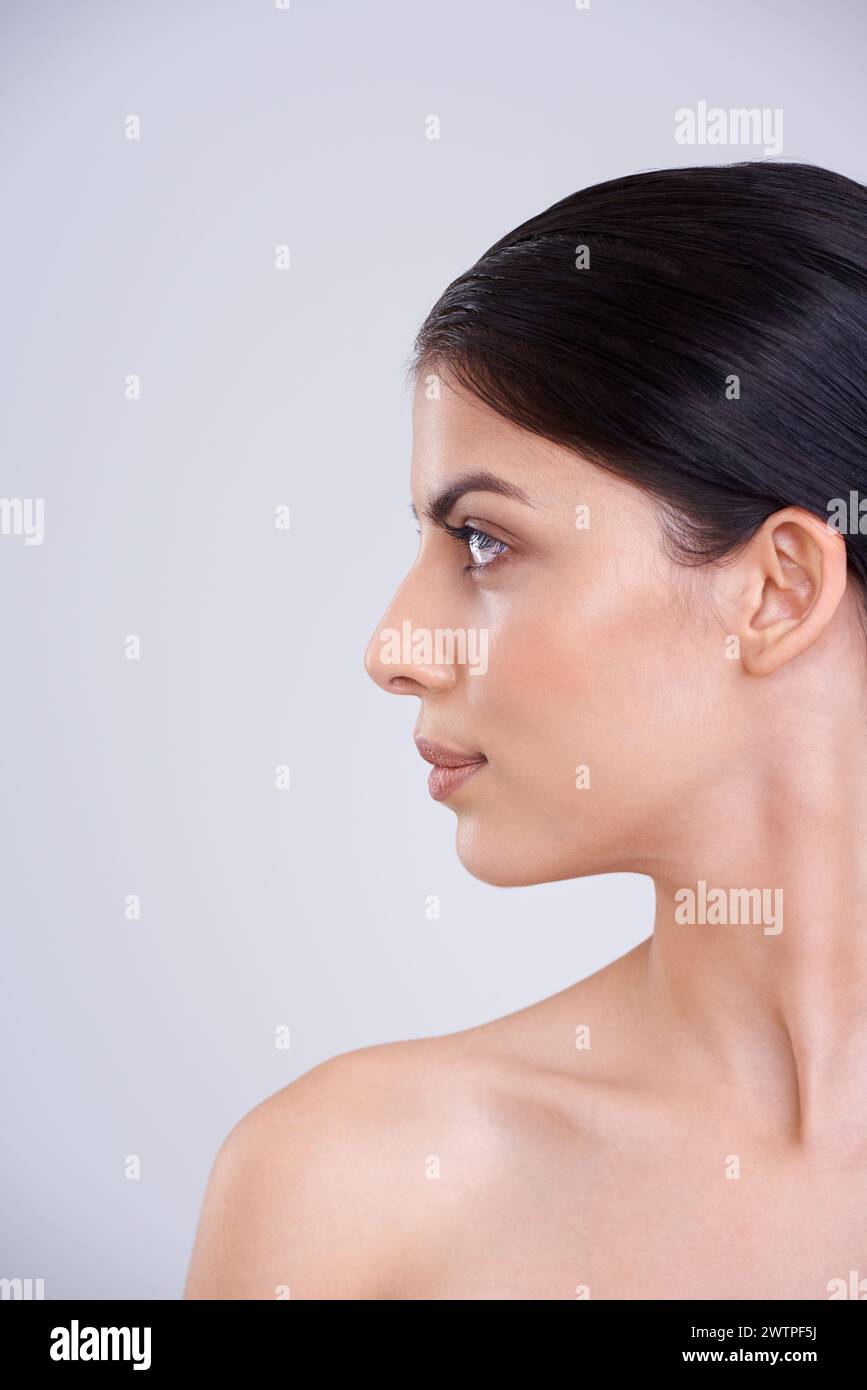 Woman, face and profile with skincare, cosmetics or facial treatment on ...