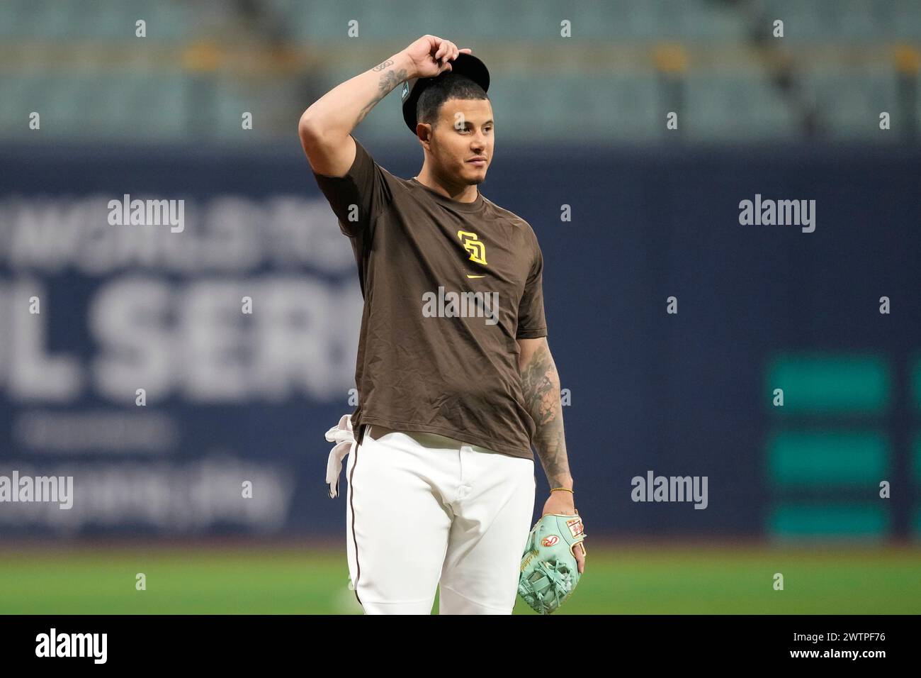 San Diego Padres Manny Machado reacts during a baseball workout at the ...