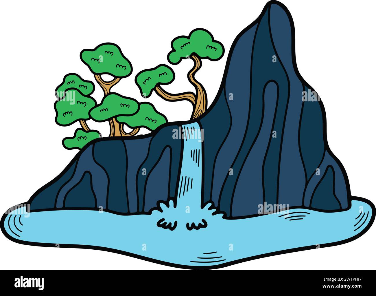 Hand Drawn island and waterfall in flat style isolated on background ...