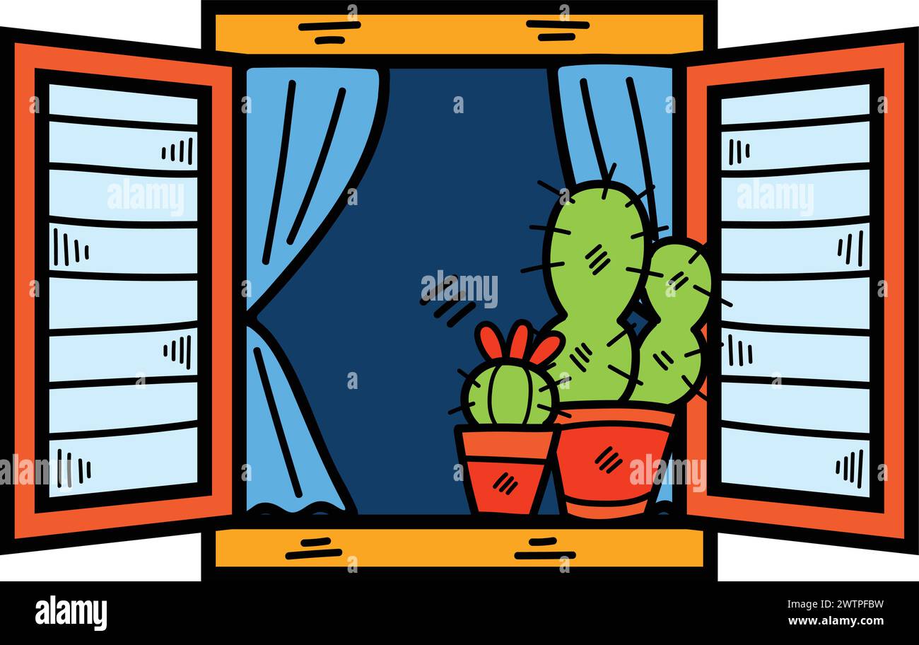 Hand Drawn Window and cactus in flat style isolated on background Stock ...