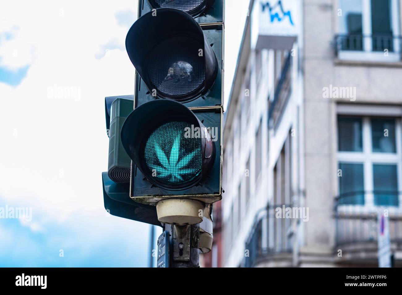 Ampel mit Cannabis Blatt und Vorfahrtschild in Aachen, Deutschland ...