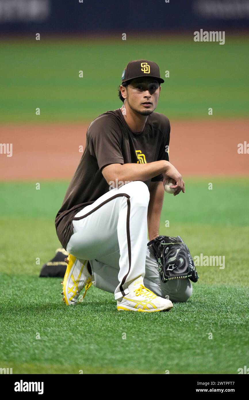 San Diego Padres' pitcher Yu Darvish waits for the pitch during a ...