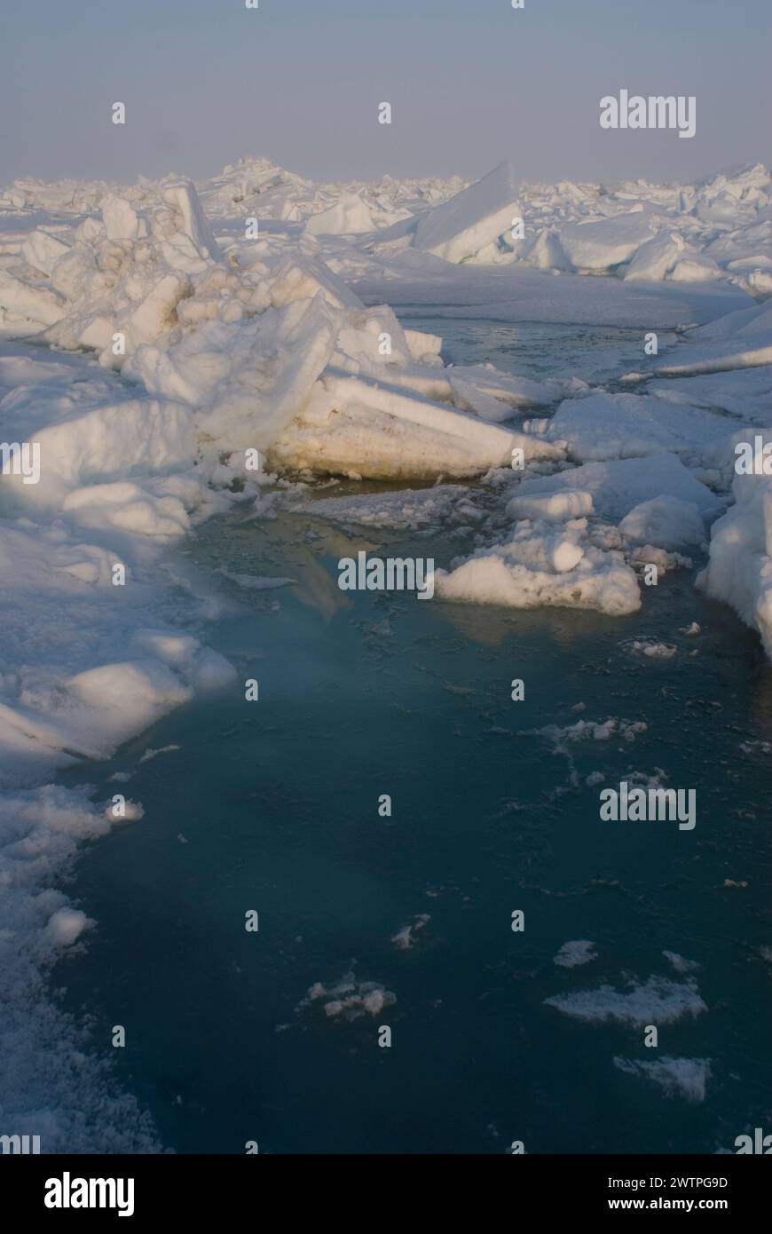 Seascape of rough pack ice over the Chukchi sea in springtime, off shore from the arctic village ...