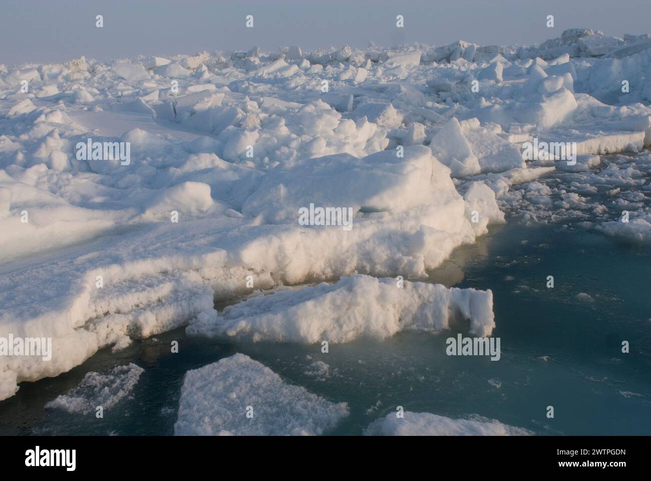 Seascape of rough pack ice over the Chukchi sea in springtime, off shore from the arctic village ...