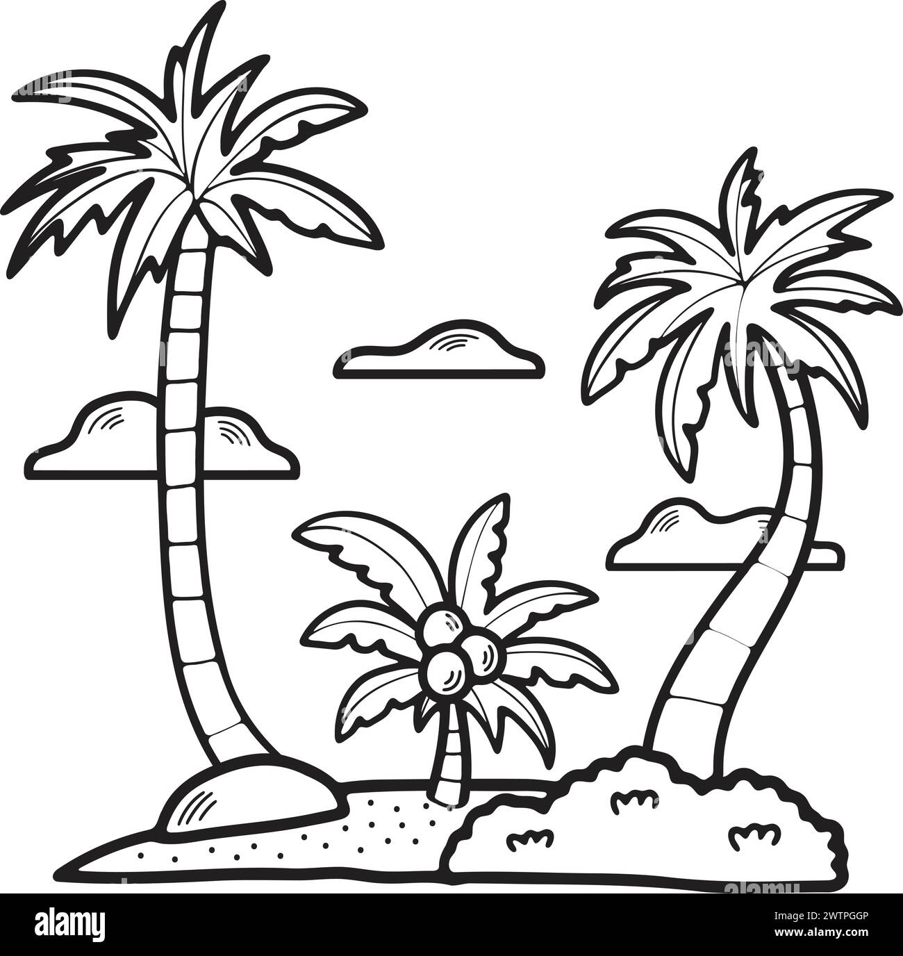 Hand Drawn Coconut tree in the middle of the sea in flat style isolated ...