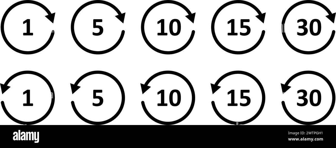 Rewind 1, 5, 10, 15, 30 second icon. Circle arrow icon. Replay or next ...