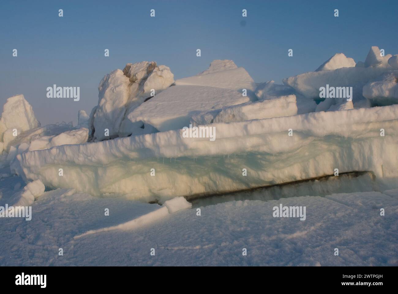 Seascape of rough pack ice over the Chukchi sea in springtime, off ...