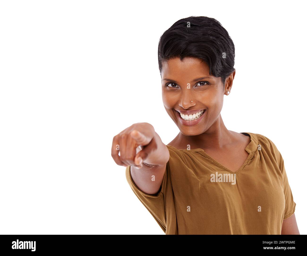 Portrait, happy Indian woman or pointing to you for motivation or space ...