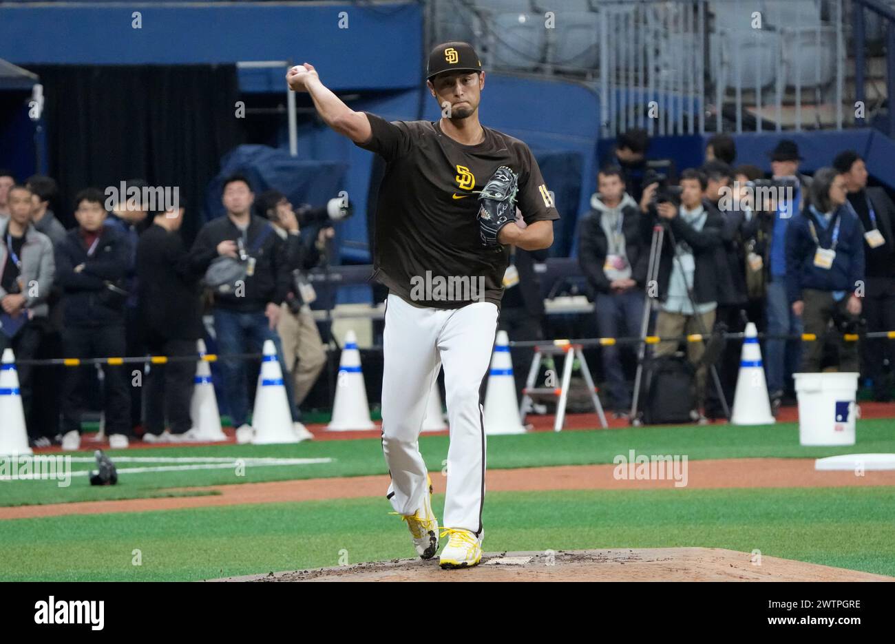 San Diego Padres' pitcher Yu Darvish attends a baseball workout at the ...
