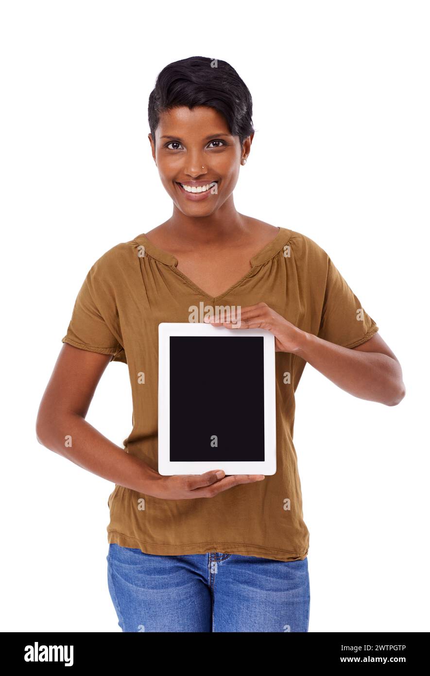 Studio, portrait and happy woman with smile, tablet screen for social ...
