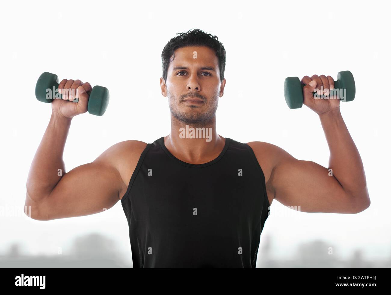 Portrait, dumbbell and serious man outdoor for exercise, training and ...