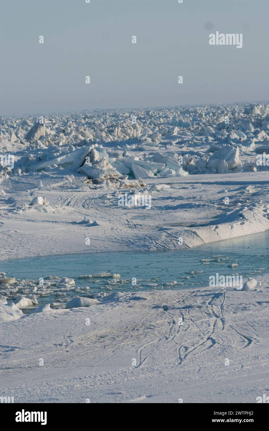 Seascape of rough trail pack ice over the Chukchi sea in springtime ...
