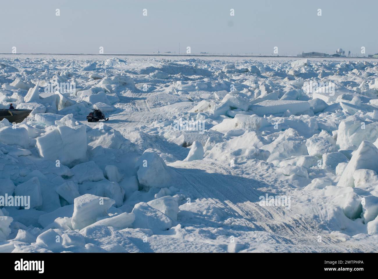 Seascape of rough trail pack ice over the Chukchi sea in springtime ...