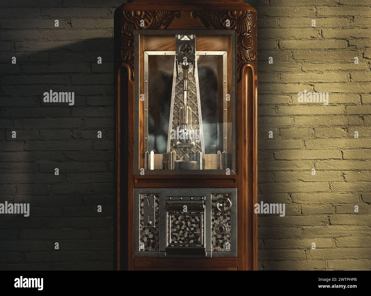 A vintage construction themed art-deco claw grabber vending machine ...