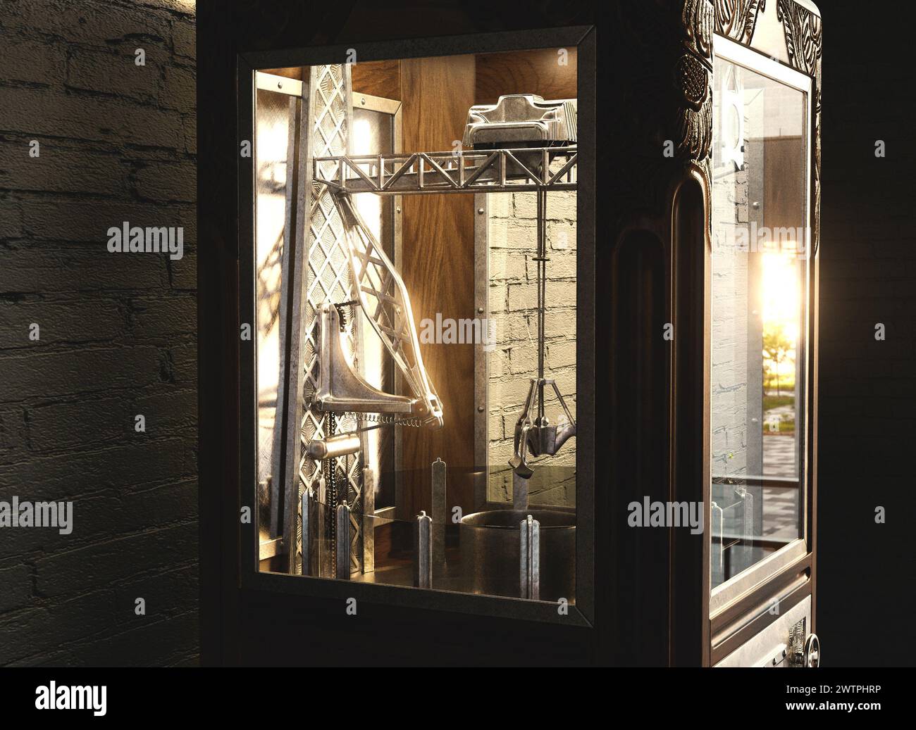 A vintage construction themed art-deco claw grabber vending machine ...