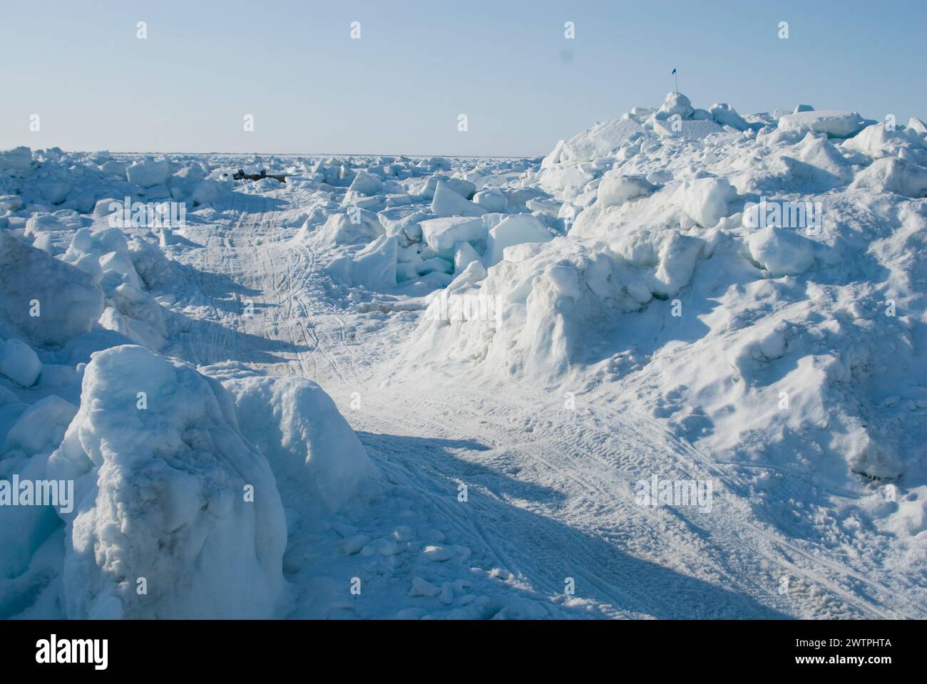 Seascape of rough trail pack ice over the Chukchi sea in springtime ...
