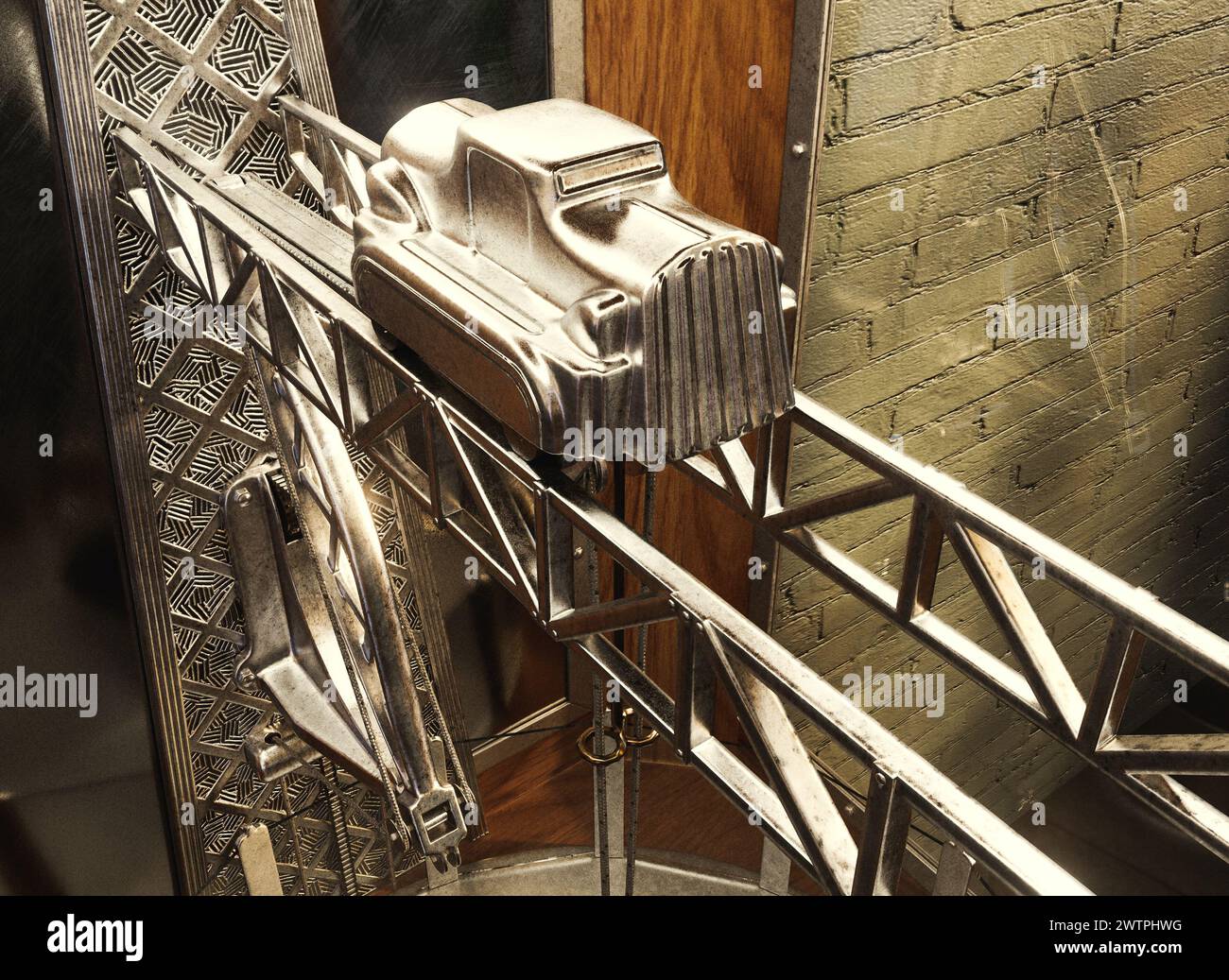 A vintage construction themed art-deco claw grabber vending machine ...