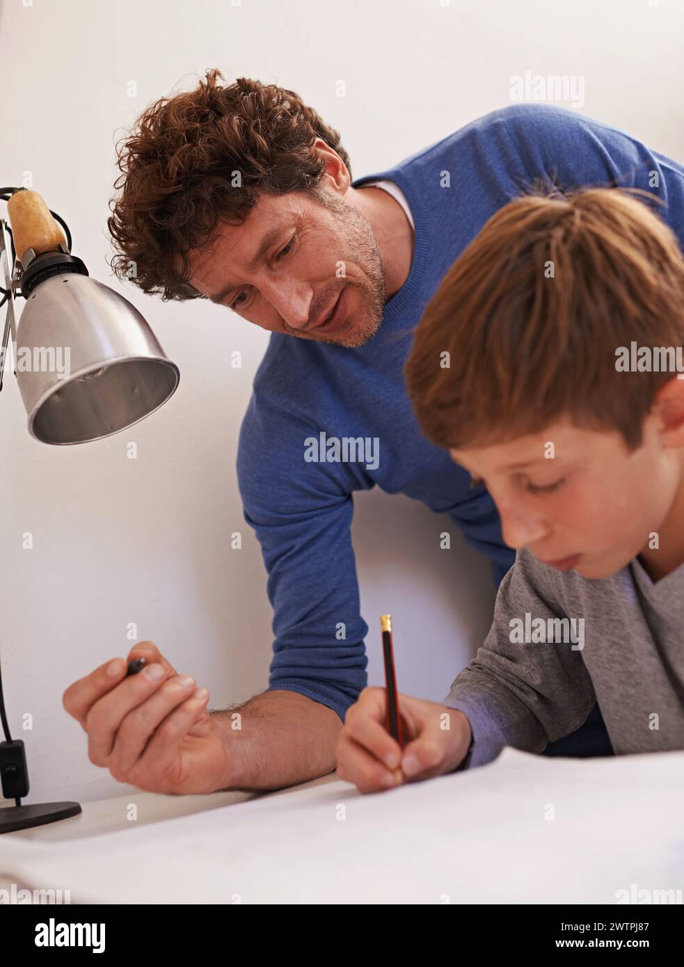 Study, man and father help son with homework for child, growth and ...