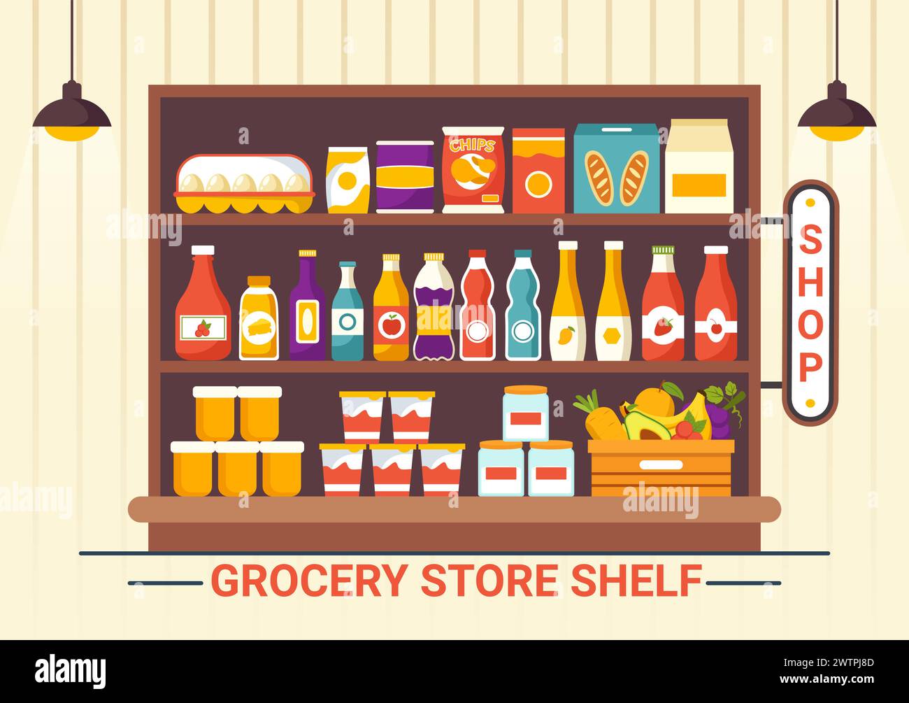 Grocery Store Shelf Vector Illustration with Foods Items and Products ...