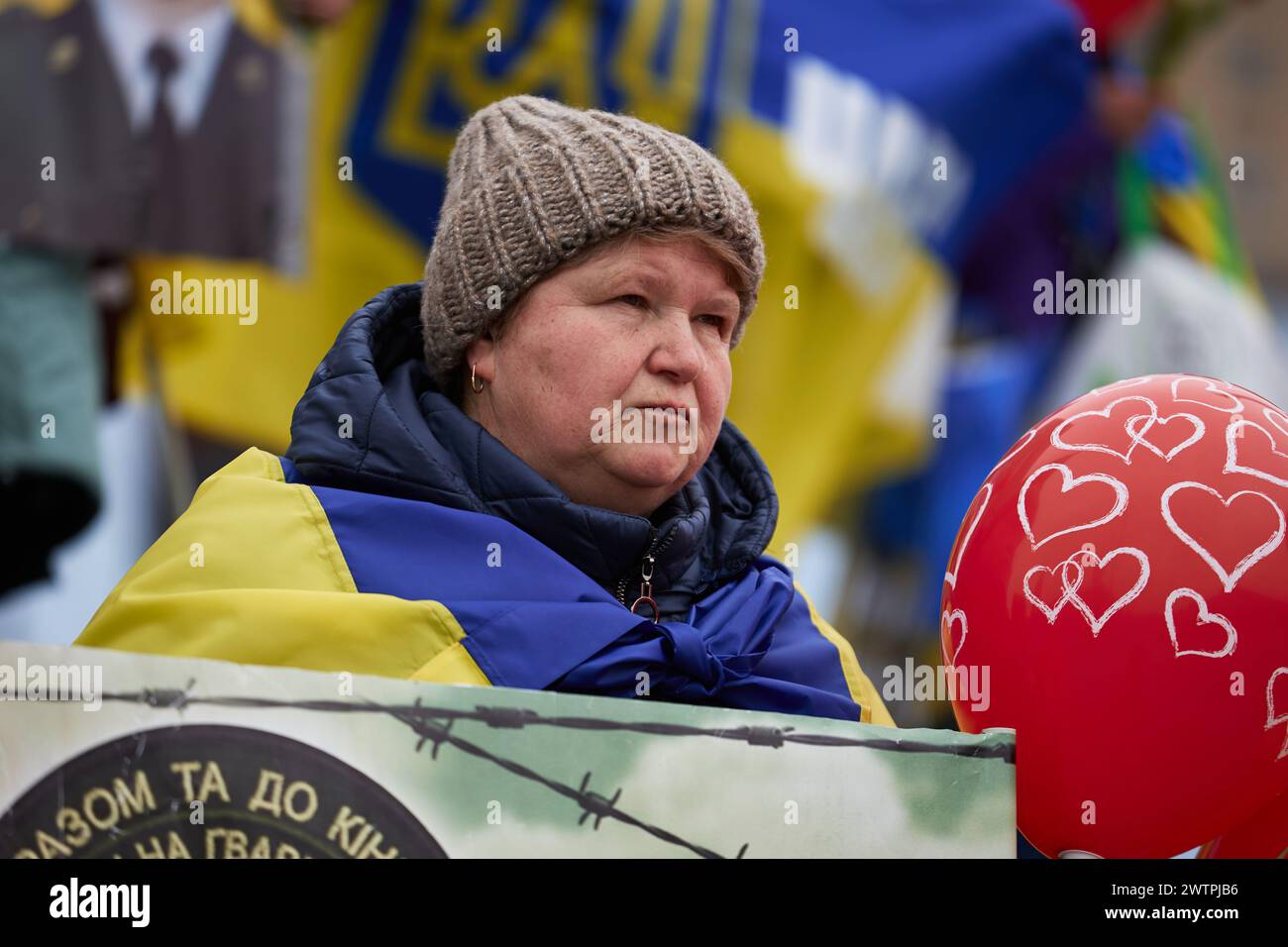 Sad Ukrainian woman on a public demonstration in Kyiv - 16 March,2024 ...
