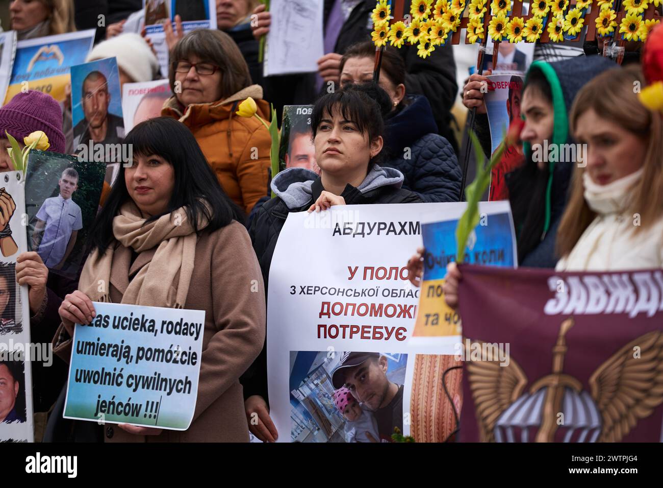 Sad Ukrainian women with banners dedicated to captured and missing ...