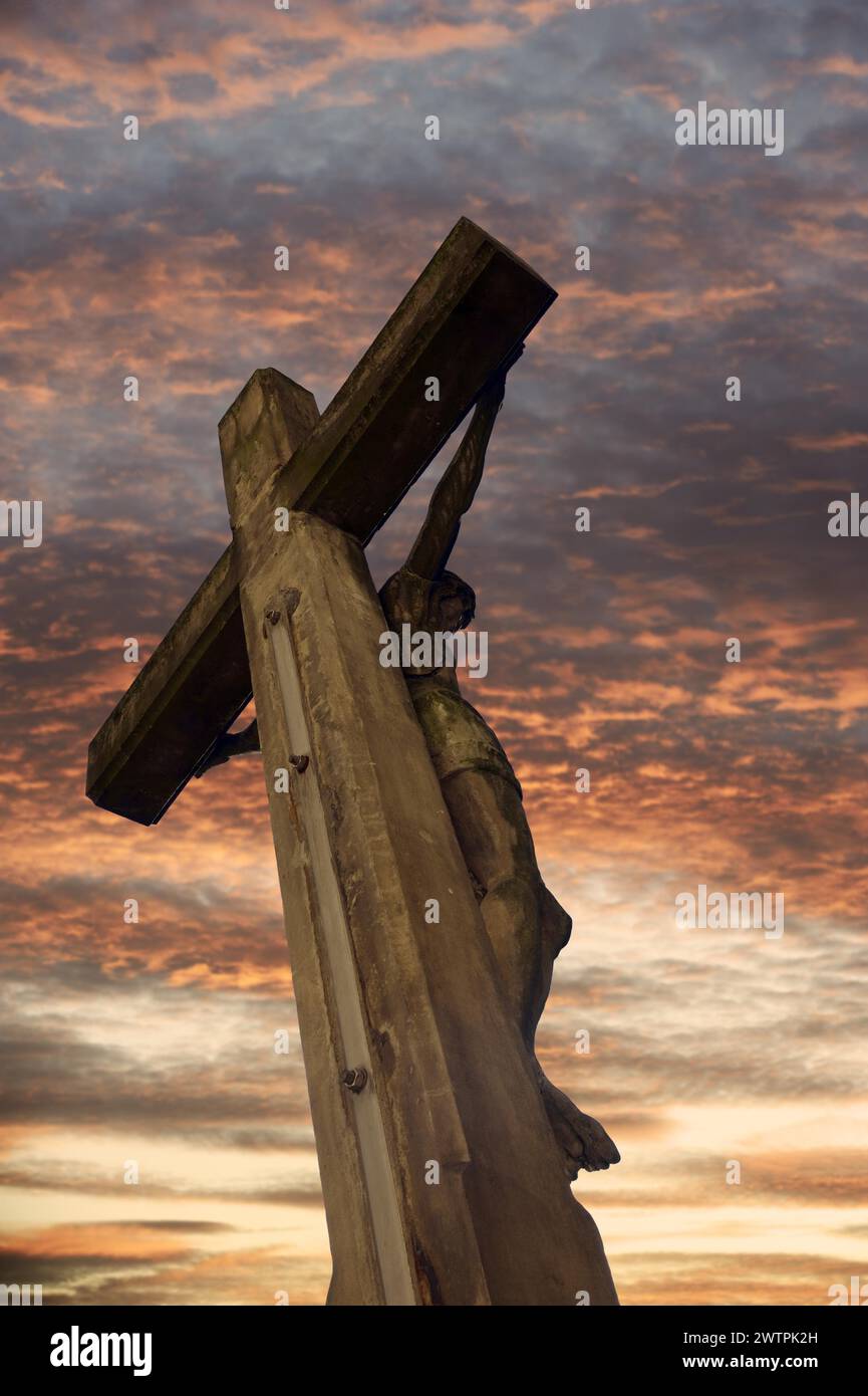 Jesus Christ on the cross at sunrise, North Rhine-Westphalia, Germany ...