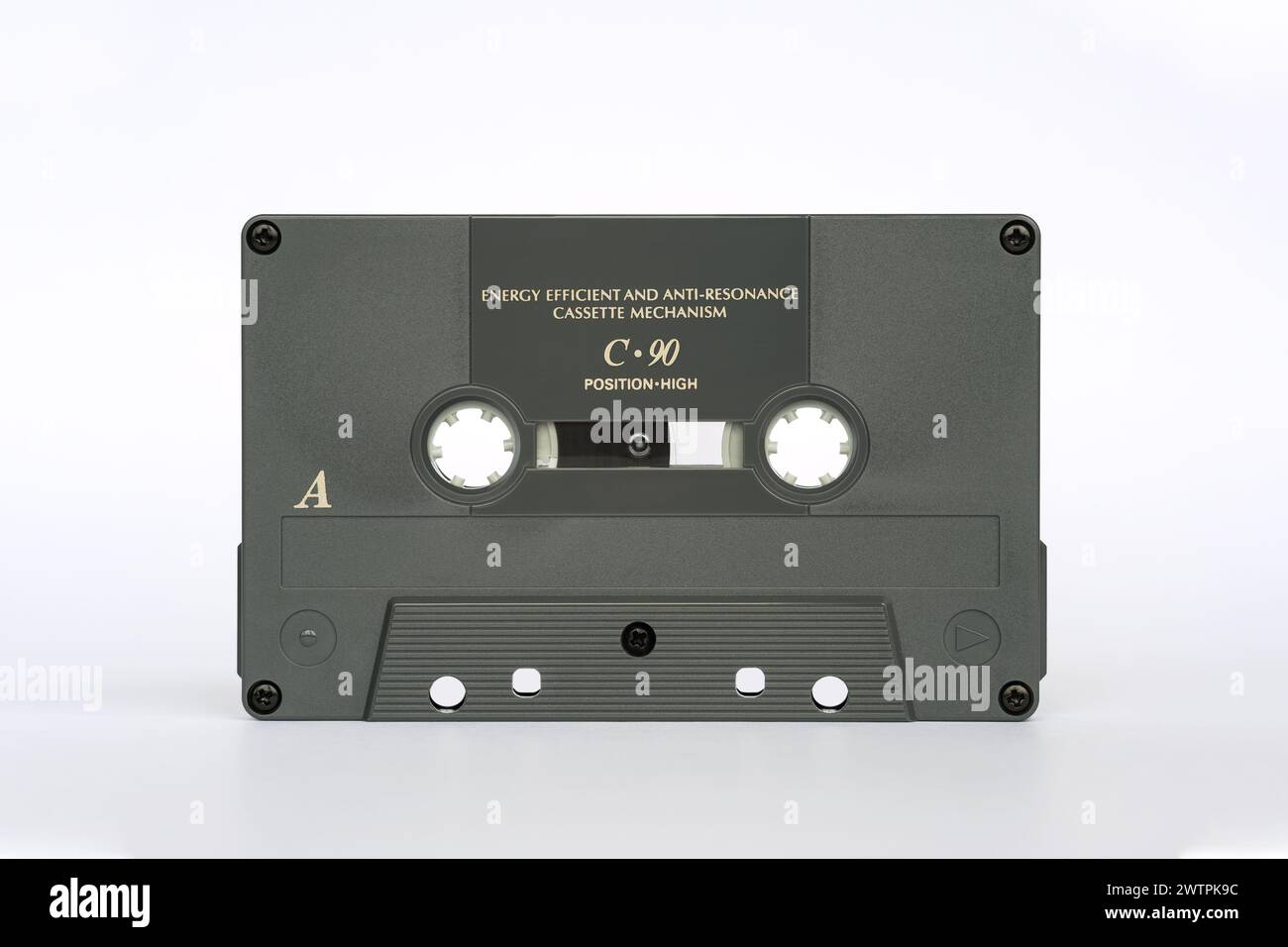 Front view of audio cassette (Position - high, 90 min) standing ...