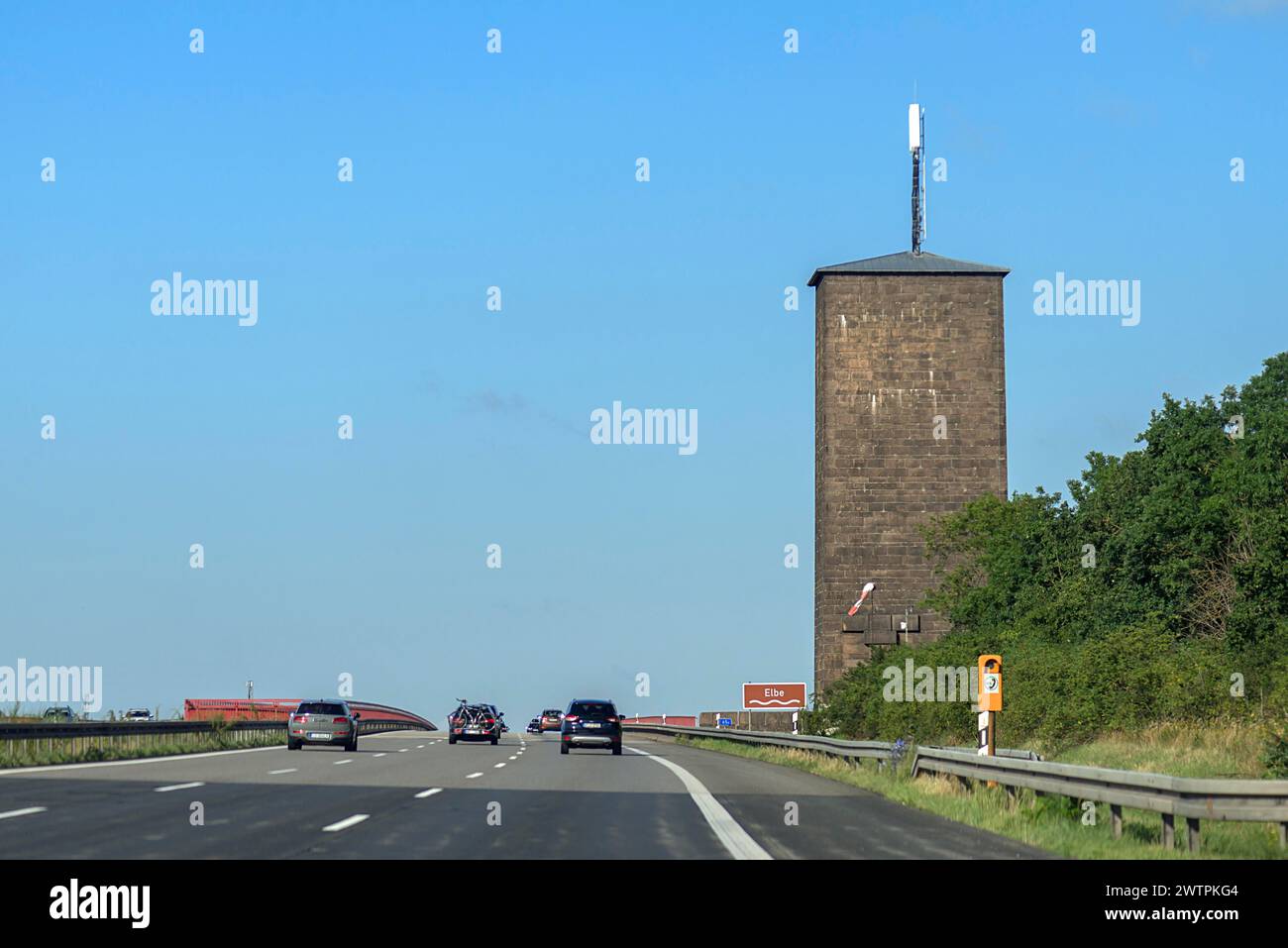 Tower on the A9 motorway at the Elbe bridge near Vockerode, in GDR ...