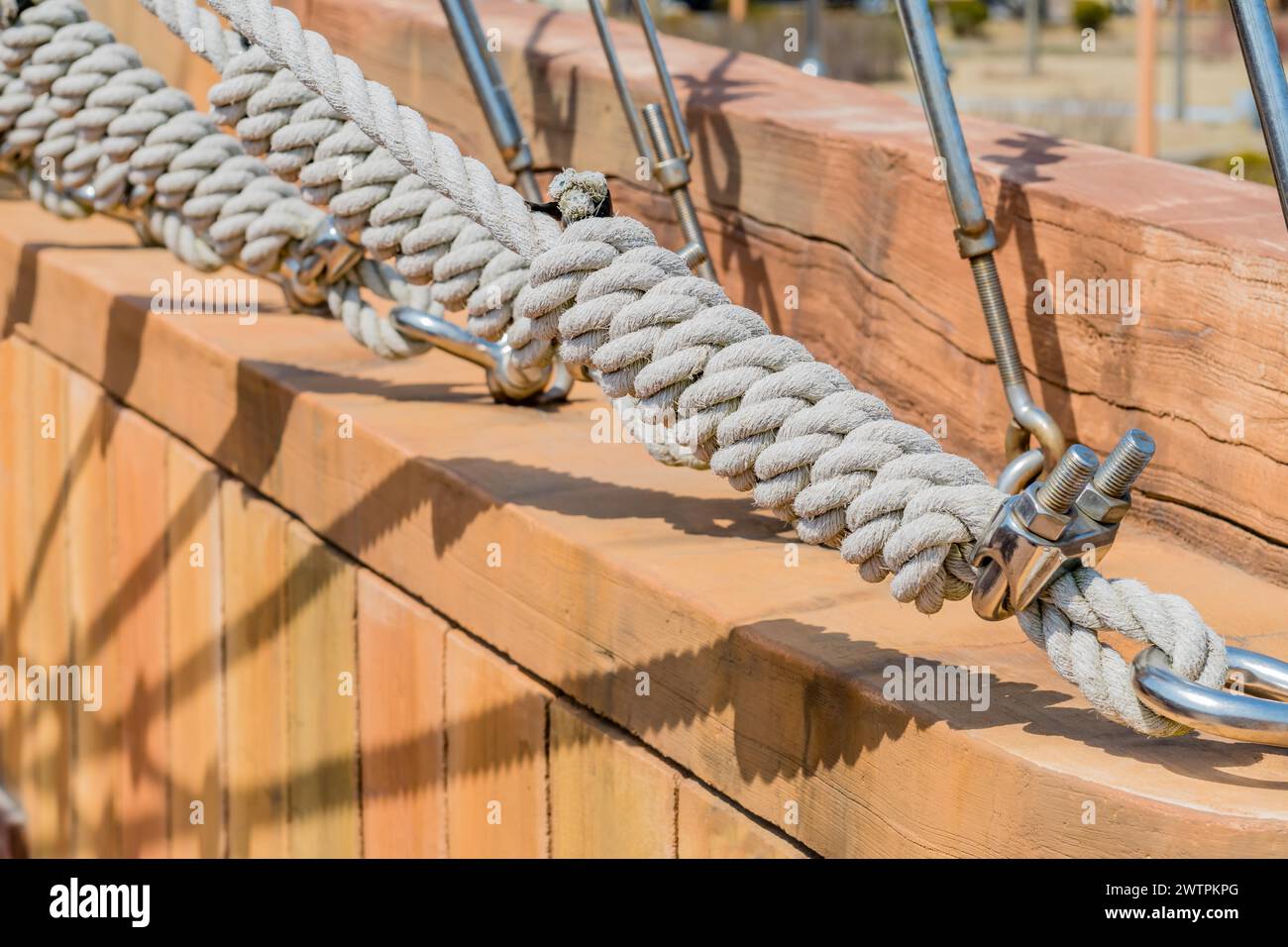 Closeup of heaving line knot and metal holding eye used on sailing ...