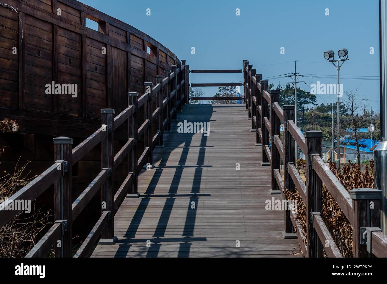 Wooden boardwalk entrance way to replica 14th century Korean sailing ...