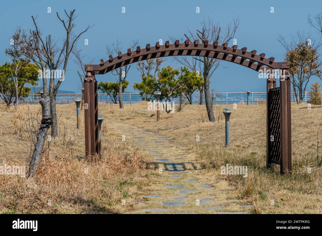 Landscape of seaside park with dry brown grass and leafless trees in ...