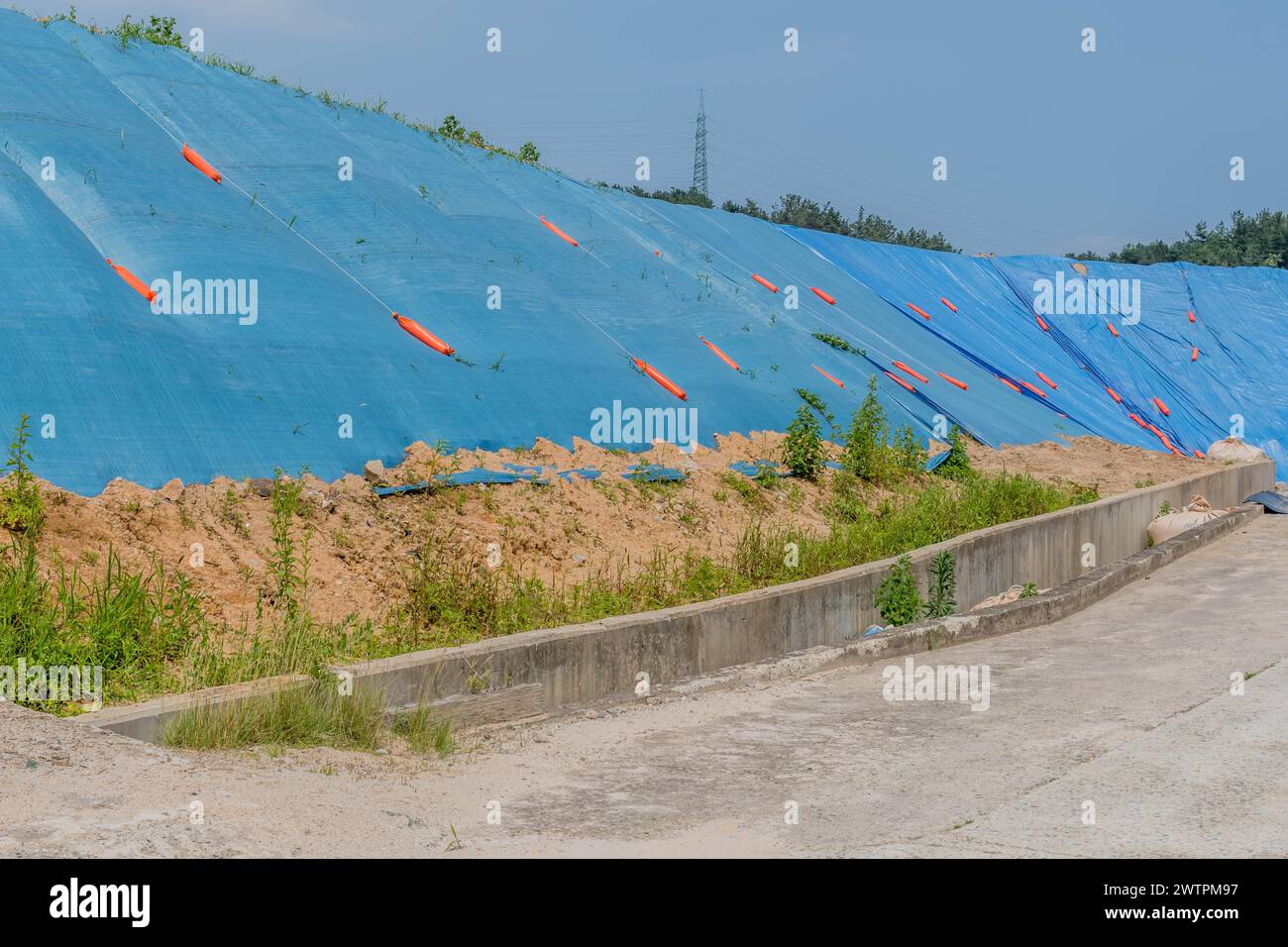 Steep slope beside rural road with blue netting for erosion control and ...