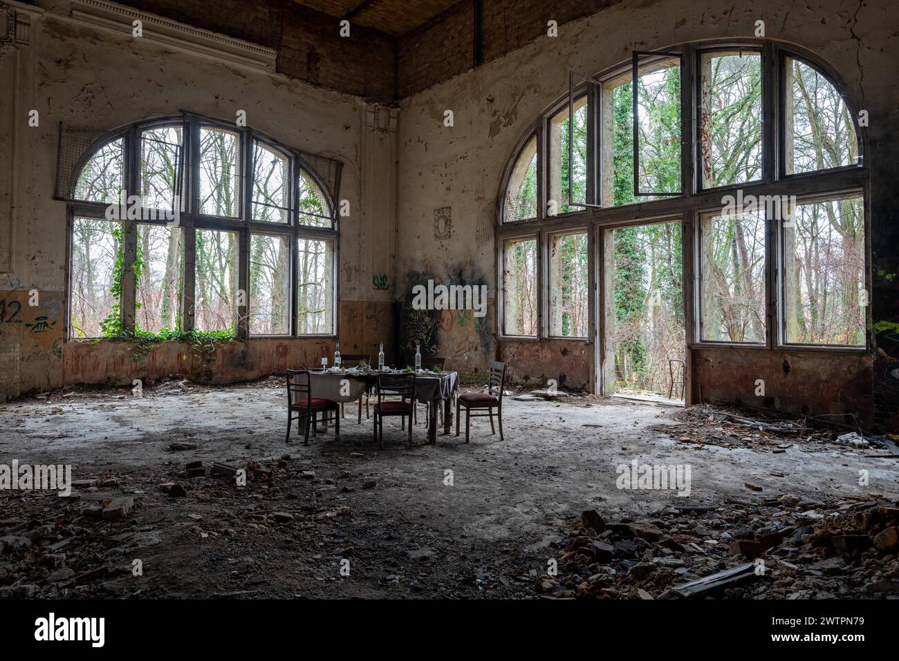 Former dining room of the Alpenhaus, Beelitz-Heilstaetten, once a lung ...