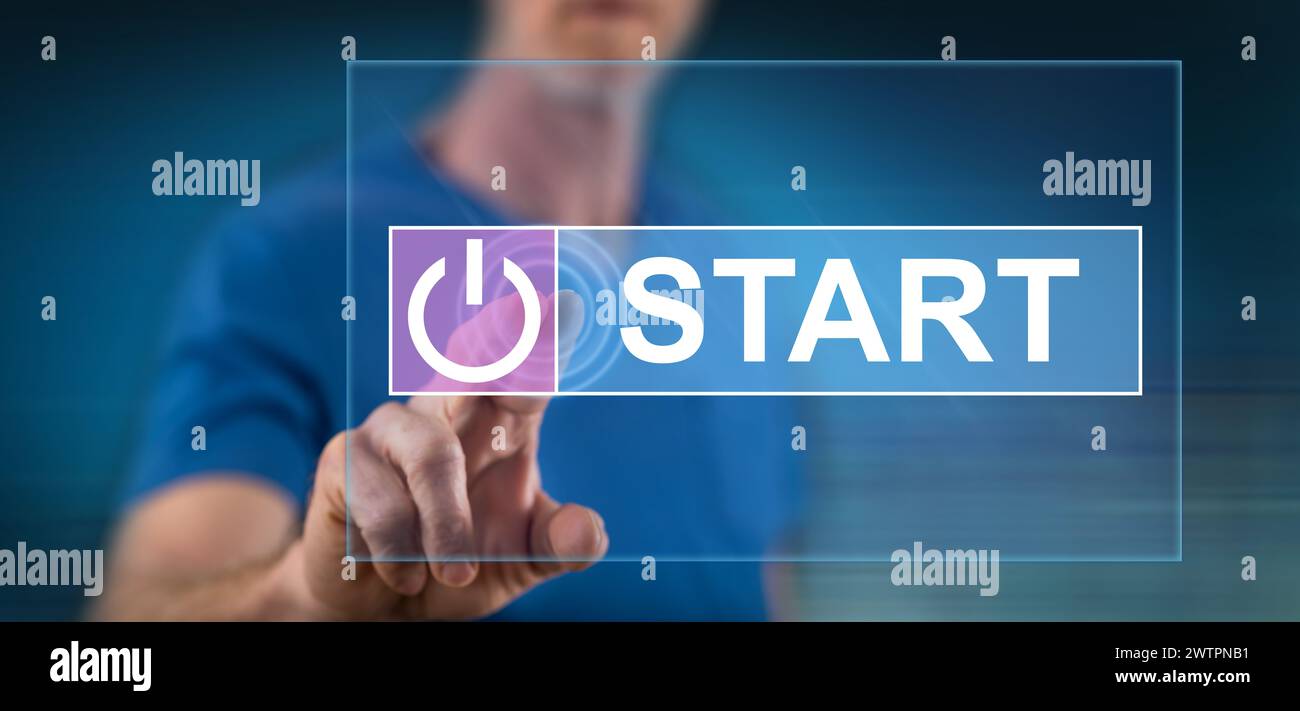 Man touching a start concept on a touch screen with his finger Stock ...