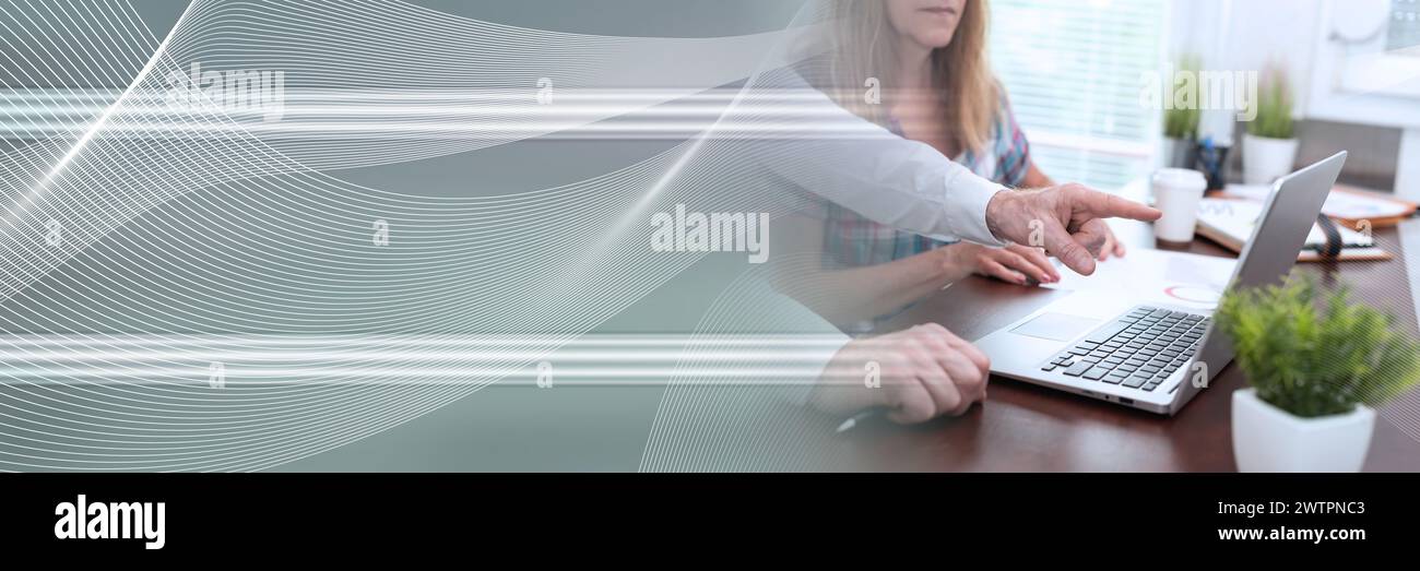 Two business people working together in office; panoramic banner Stock ...